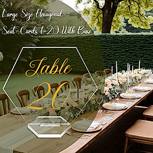 OurWarm Large Acrylic Wedding Table Numbers 1-20, Elegant Gold Printed Calligraphy Place Cards with Stand, Hexagon Multi-functional Clear Acrylic Sign and Holder, Ideal for Wedding Reception Events