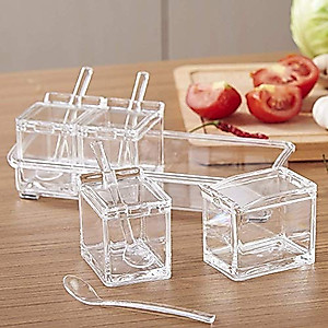 Clear Seasoning Rack Spice Pots by AIQI - 4 Piece Acrylic Seasoning Box - Storage Container Condiment Jars - Cruet with Cover and Spoon
