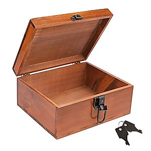 Wooden Keepsake Box, Dedoot Decorative Wooden Box Vintage Handmade Craft Large Wood Box with Lock and Key for Jewelry Gift Storage Box and Home Decor, Brown, 9.3x7.6x4.5 Inch