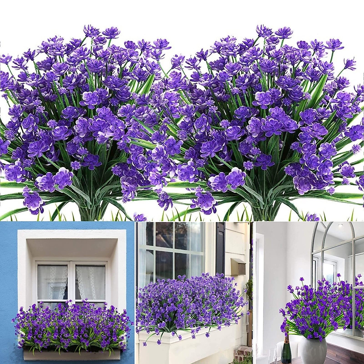 Molioon 8 Bundles Artificial Flowers Outdoor UV Resistant No Fade Faux Plastic Plants Fake Shruns for Garden Porch Home Wedding Window Decor (Purple-1)