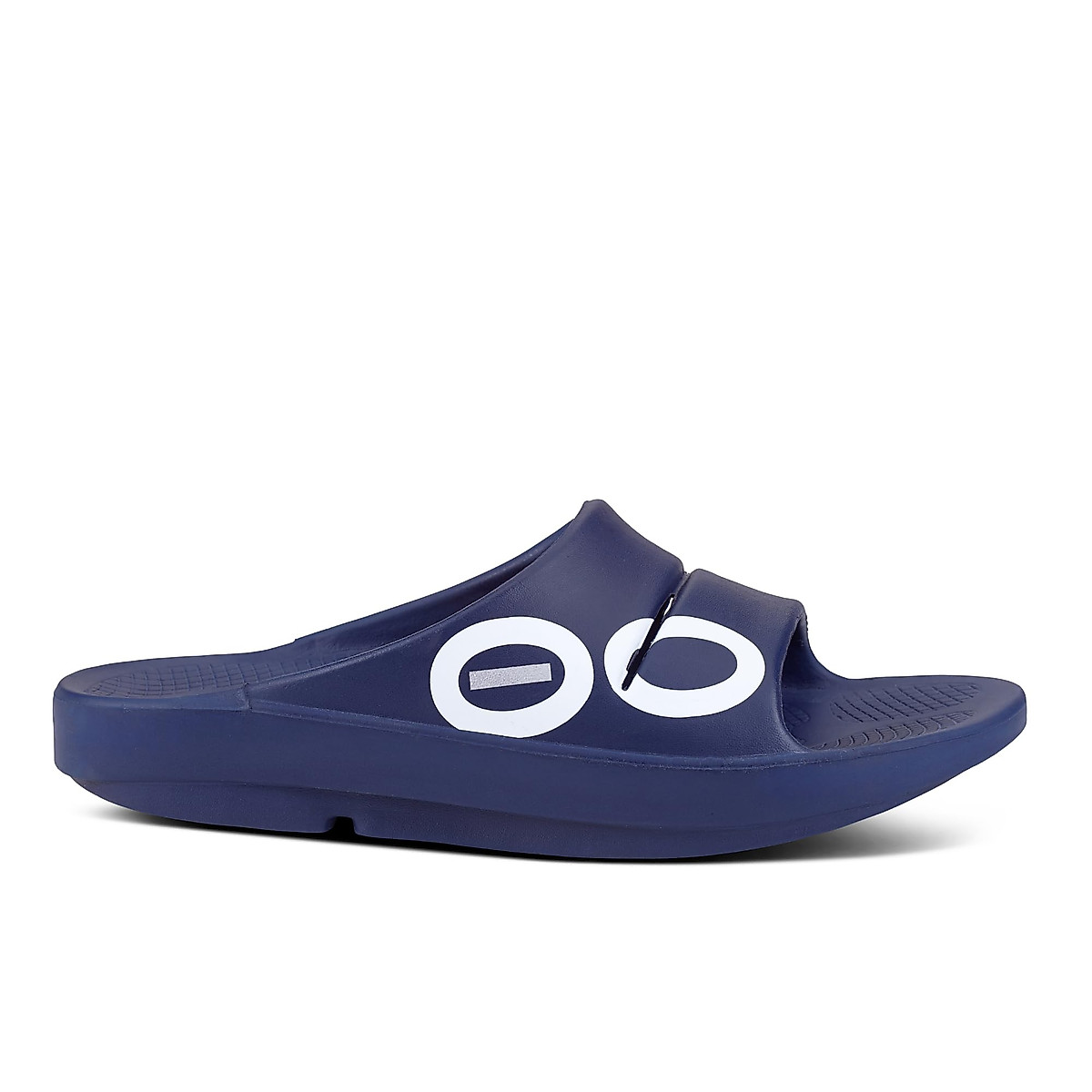 OOFOS OOahh Sport Slide Sandal, Navy White - Men’s Size 10, Women’s Size 12 - Lightweight Recovery Footwear - Reduces Stress on Feet, Joints & Back - Machine Washable - Hand-Painted Graphics
