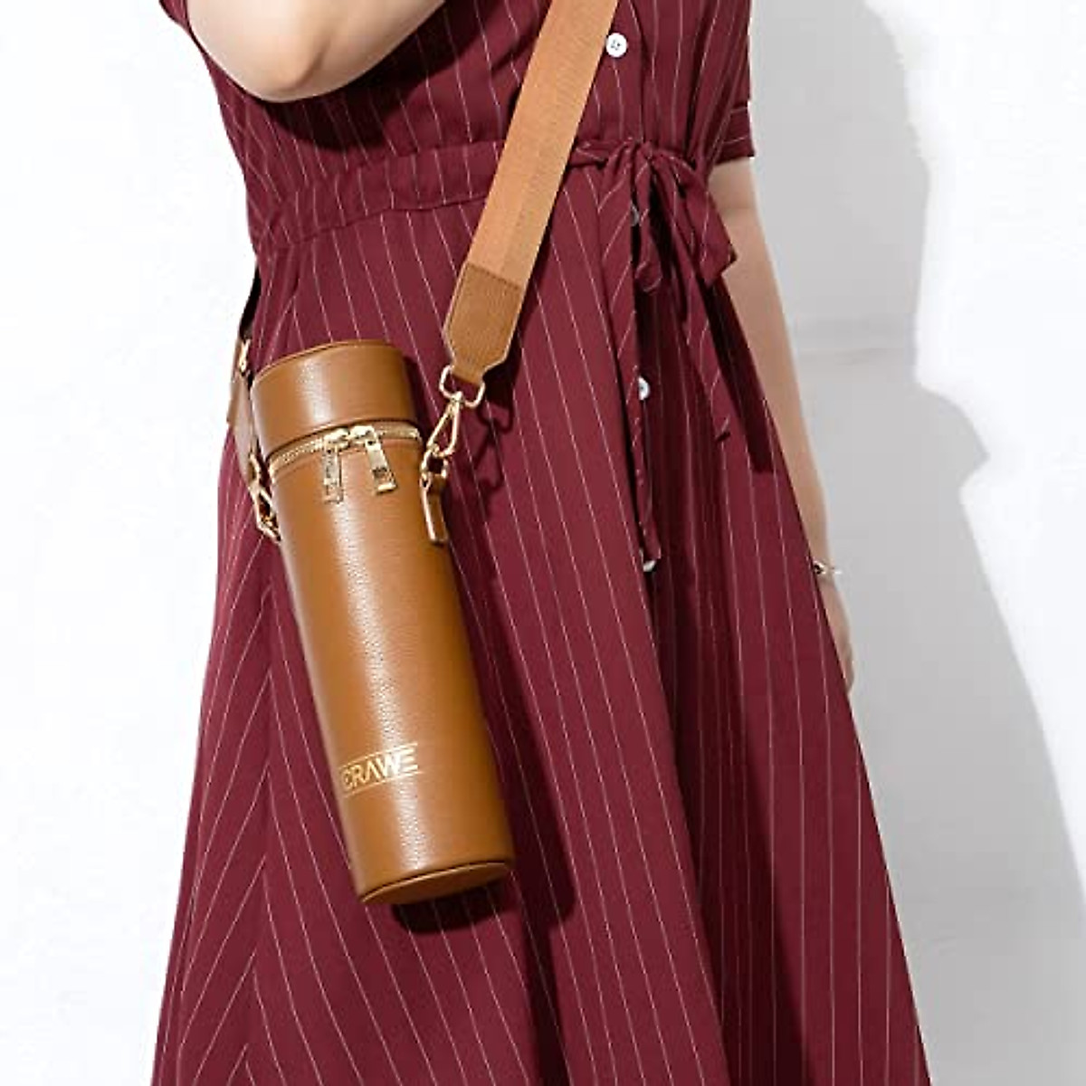 Crawe Full Grain Leather Insulated Water Bottle Crossbody Bag, 17 oz Water Bottle Holder with Strap for Walking, Bottle Carrier, Bottle Sling, Single Wine Bottle Tote, Brown Pebbled Leather, Gift Box