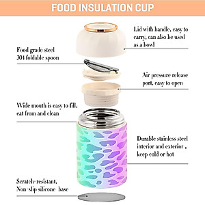 CUPADA Rainbow Leopard Skin Food Jar for Hot and Cold, Insulated Food Jars Vacuum 17OZ with Folding Spoon for Work Trip Picnic Camping