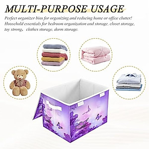 DIGTIA Storage Bins with Lids Butterfly Hydrangeas Purple Foldable Storage Boxes with Handles Spring Large Storage Basket Collapsible Organizer Containers for Closet Home Bedroom Office