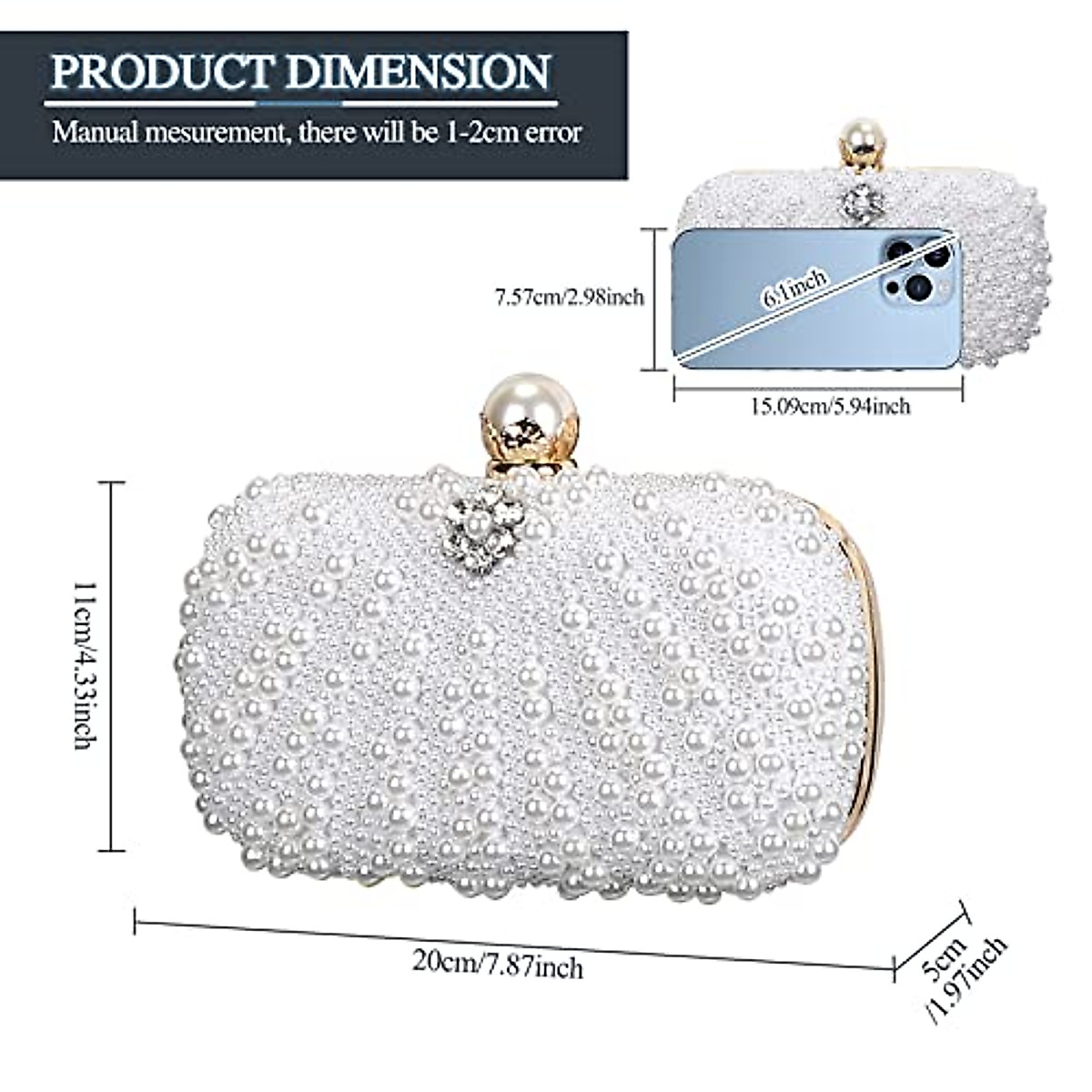 Selighting Pearl Beaded Cutch Purses for Women Evening Bags Formal Rhinestones Wedding Bridal Handbag Ladies Prom Party Purse White