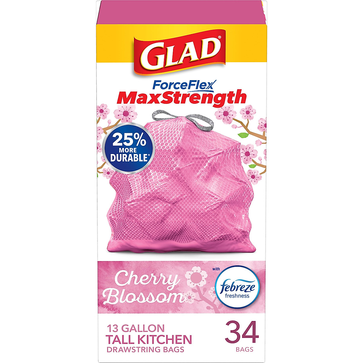 Glad ForceFlexPlus Tall Kitchen Drawstring Trash Bags, 13 Gallon Trash Bag, Febreze Cherry Blossom, 34 Count