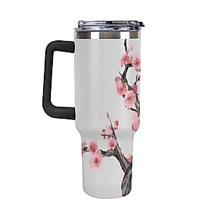 Cherry Blossom Tree Branch 40 Oz Tumbler with Handle And Straw Stainless Steel Vacuum Insulated Tumblers Reusable Keep Drinks Cold Coffee Cup Holder Friendly Gifts for Women Men Car Gym Travel