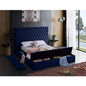 Meridian Furniture Bliss Collection Modern | Contemporary Velvet Upholstered Bed with Deep Button Tufting and Storage Compartments in Rails and Footboard, Queen, Navy