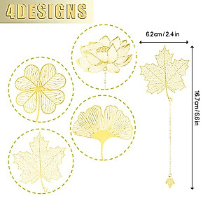 Metal Bookmarks with Chain, BENBO 4Pcs Golden Hollow Bookmark with 1Pc Mesh Gift Bag Brass Personalized Page Markers Gold Maple Leaf Lotus Flower Bookmarks for Book Lovers