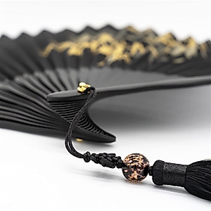 Small Black Folding Fans, Chinese Bamboo Leaf Pattern Hand Fan Folded Purse Hand Fan with Fabric Sleeve and Tassel, for Women