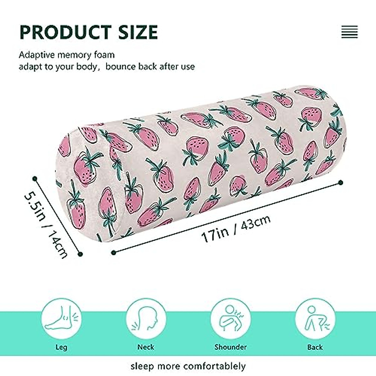 Vnurnrn Pink Strawberry Green Leaves Neck Support Pillow Round Neck Roll Bolster Cylinder Pillow Cervical Pillows Knee Pillow for Leg Knee Back Head Support for Camp Study Work Men