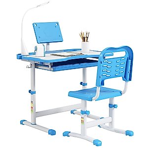 Qaba Kids Desk and Chair Set, Height Adjustable School Desk Chair Set with Tilt Desktop, USB Light, Storage Drawer for Study, Activities, Arts, or Crafts, Blue and White