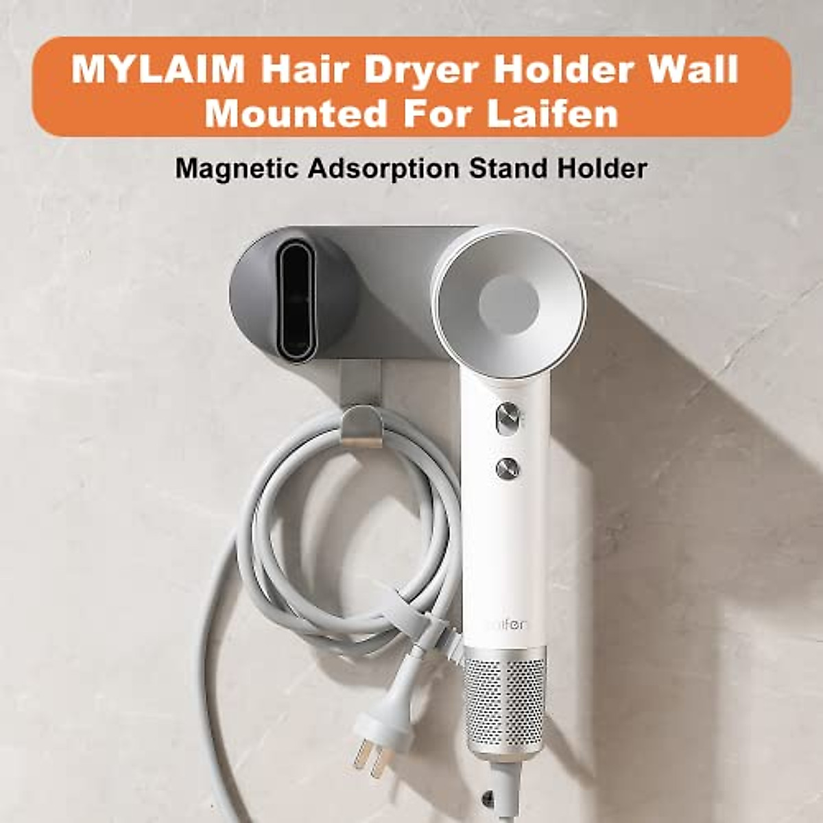 Hair Dryer Holder Wall Mounted for Laifen LF03 /Swift SE Hair Blow Dryer Wall Mount,Aluminum Alloy Bracket Magnetic Stand Holder with Power Plug Cable Organizer,Bathroom Dryer Storage Rack,Attachment
