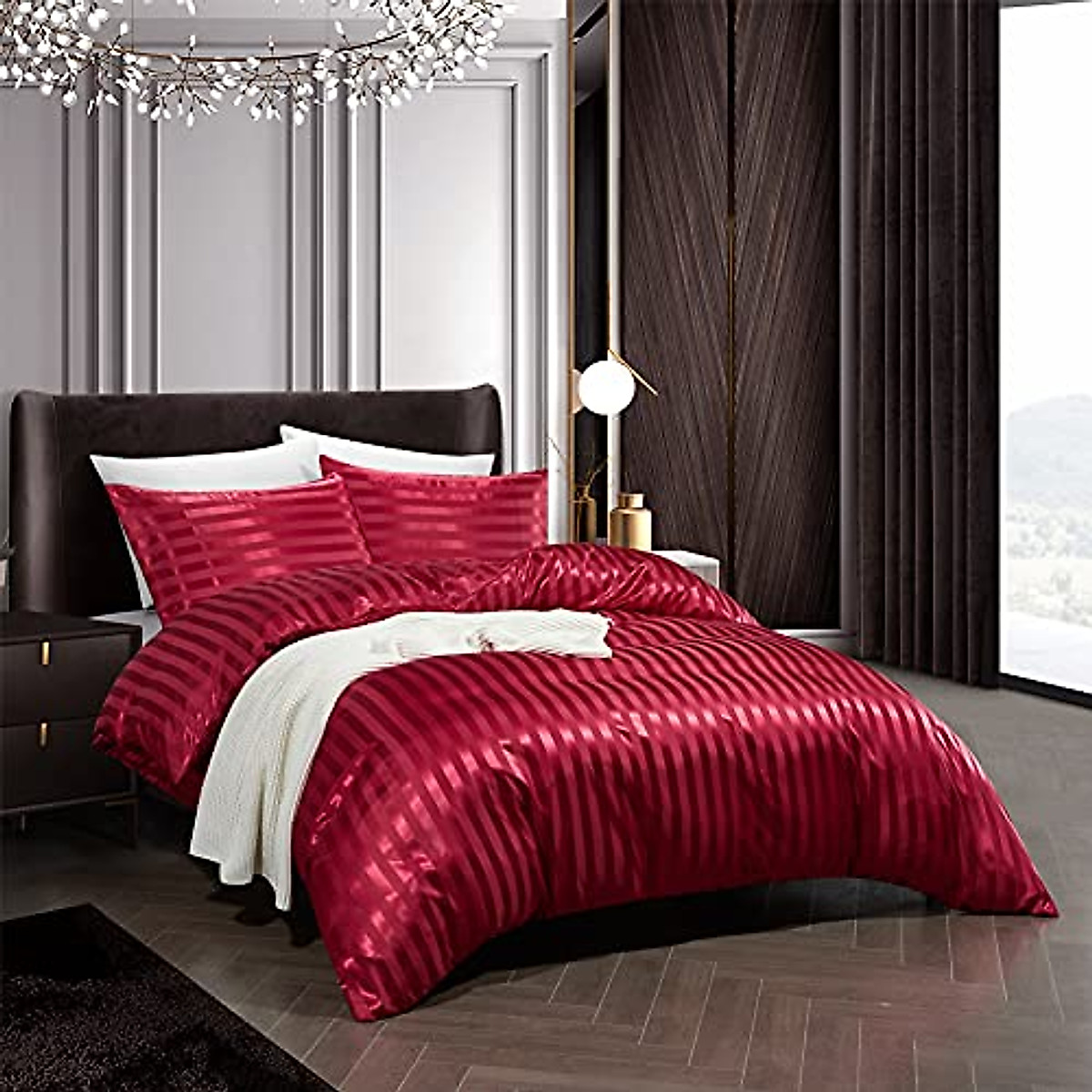 RevenRella 3 Piece Satin Duvet Cover Set Bedding Sets Italian Style 1800 Series Luxury Rich Silk Silky Super Soft Stripes Hidden Zipper Closure Reversible Wrinkle Free Honeymoon(Burgundy, King)