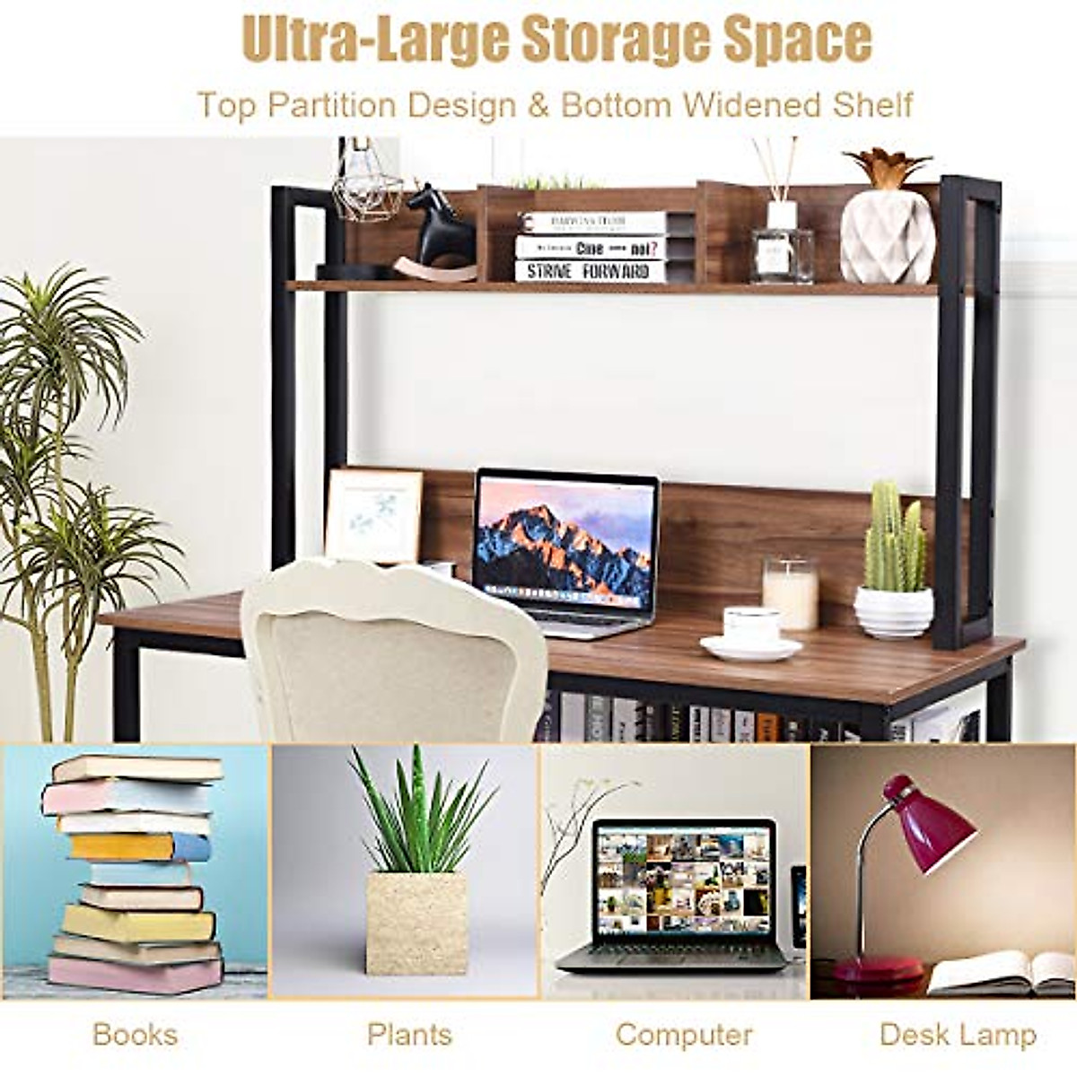 Tangkula Computer Desk with Hutch, Home Office Desk Study Writing Desk with Storage Bookshelves, Space Saving Computer Workstation for Home Office (Light Walnut)