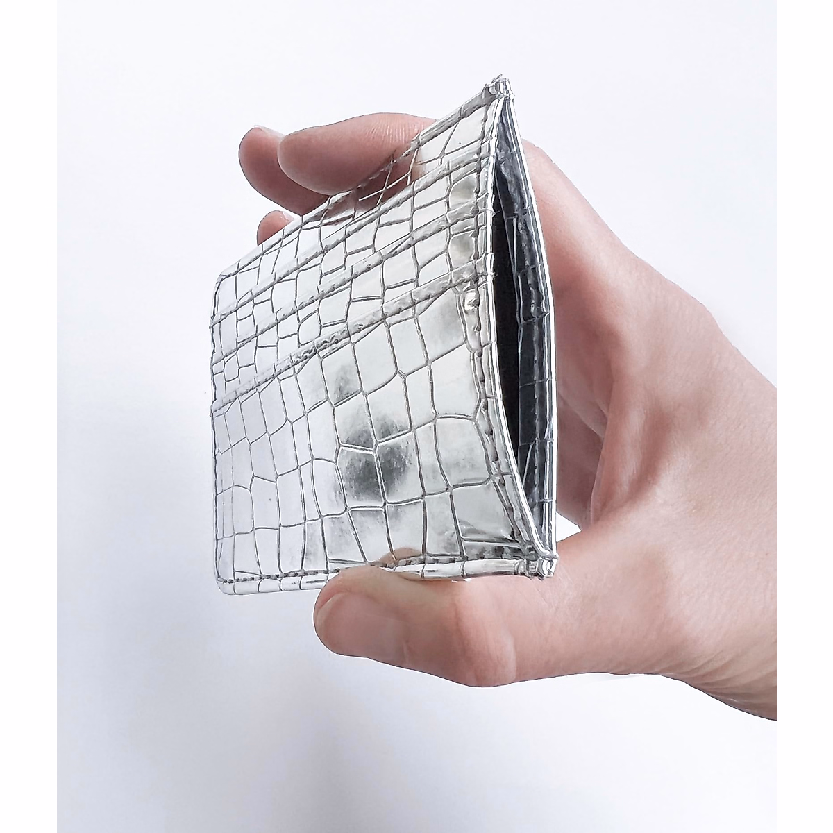 SWEDEY Super Shiny Slim Credit Card Holder Mini Front Pocket Wallet in Mirror Metallic Faux Crocodile pattern (Silver)