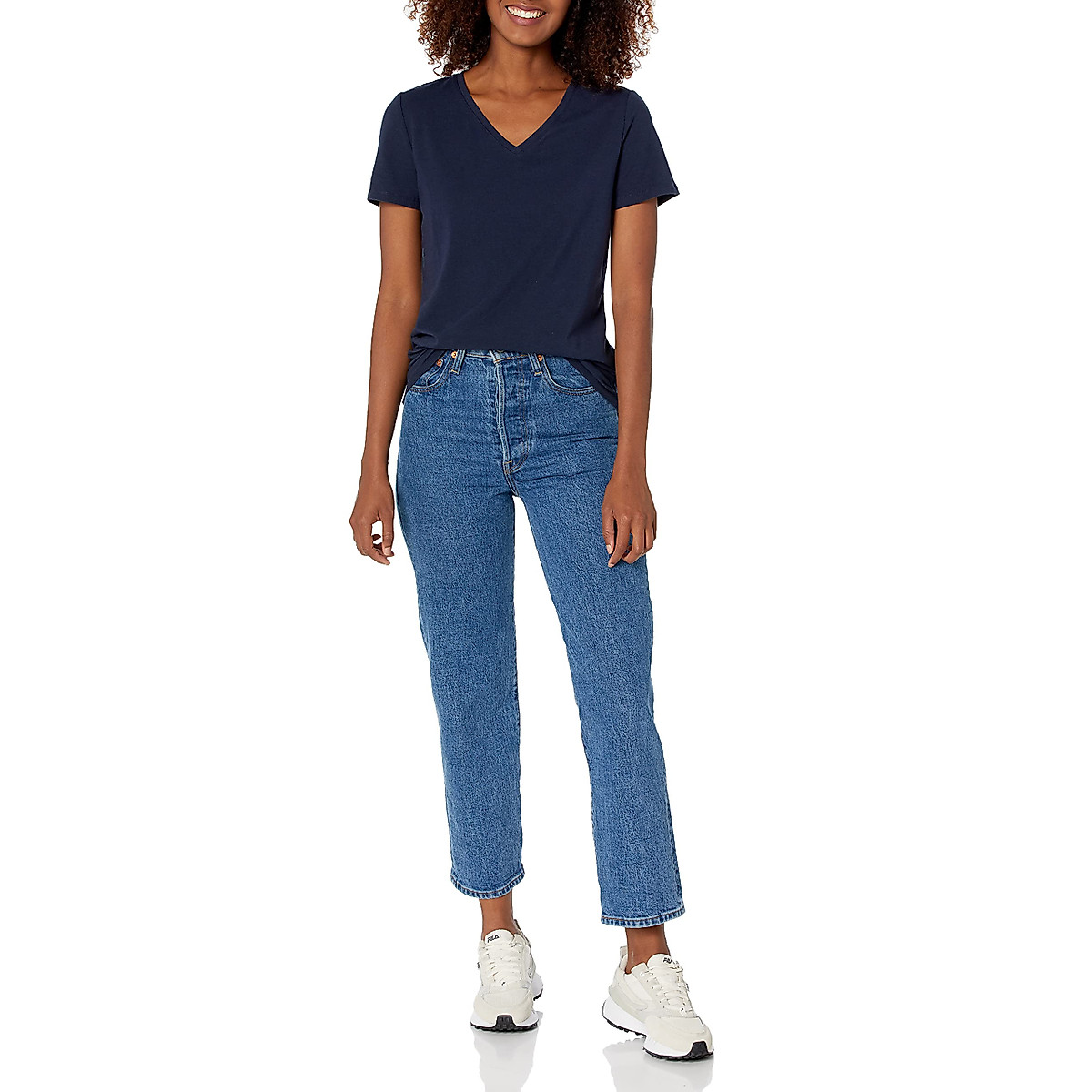 Amazon Essentials Women's Classic-Fit Short-Sleeve V-Neck T-Shirt, Pack of 2, Dark Green/Navy, Large