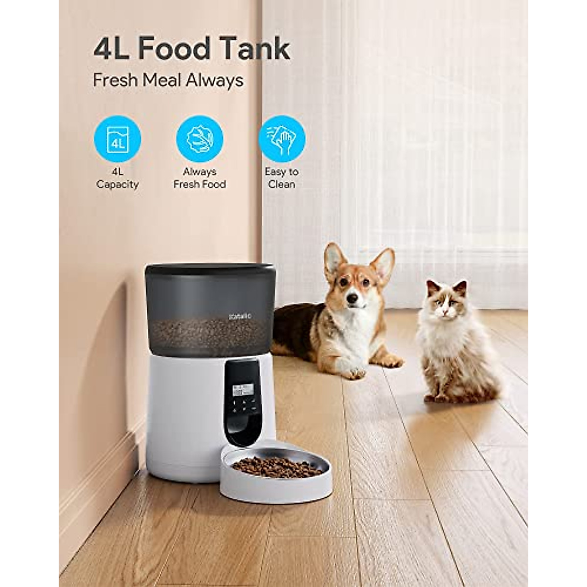 Automatic Cat Feeders, Katalic Clog-Free 4L Cat Food Dispenser with Sliding Lock Lid Storage Timed Feeder for Cat and Dogs with Voice Recorder, Programmable Meal & Portion