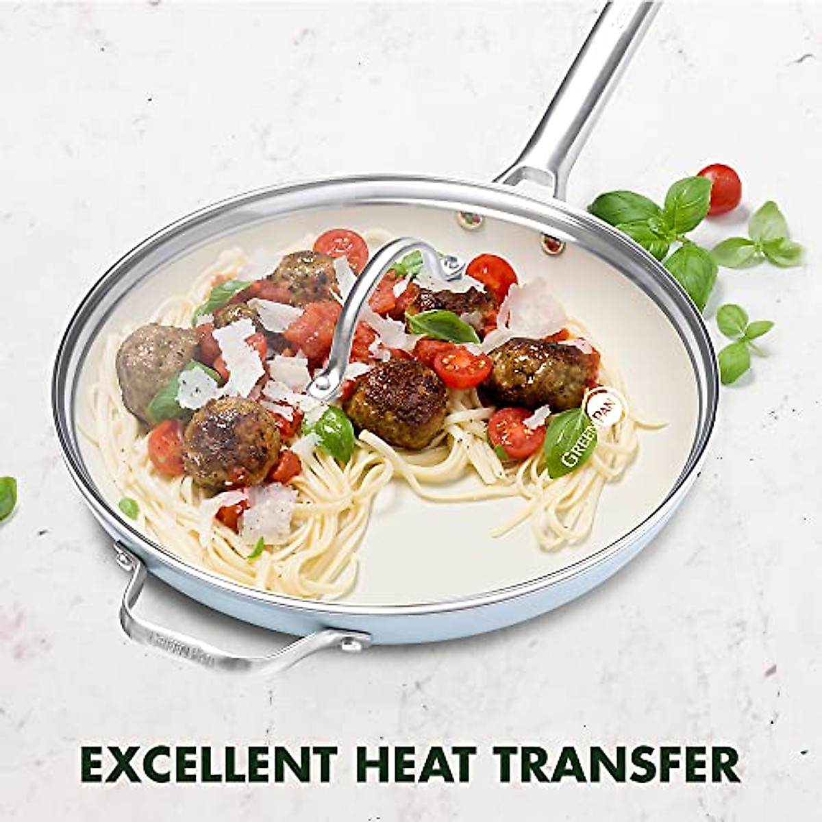 GreenPan Padova Hard Anodized Healthy Ceramic Nonstick, 12" Frying Pan Skillet with Lid and Helper Handle, PFAS-Free, Dishwasher Safe, Light Blue