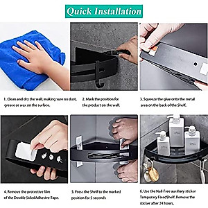 QCSJXX Triangle Shower Corner Caddy Bathroom Shower Corner Shelf with Two Hooks, Self Adhesive with Glue or Wall Mount with Screws,Aluminum 2 Tier Storage Shelves Triangle Baskets,Black Finish