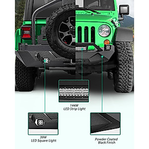 SCITOO Rront Bumper and Rear Bumper w/Tire Carrier Textured Black fit for 2007-2018 for Jeep Wrangler JK Rock Crawler Bumper w/Winch Plate with D-ring & LED Strip Light and LED Lights