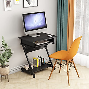 MULKGLOBAL Rolling Computer Desk with Keyboard Tray Compact Computer Cart with Storage Mobile Computer Desk for Small Space,Black
