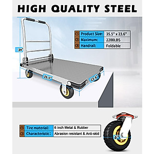 Platform Truck cart, Flatbed cart, 2200 pounds.with 6-inch Rotating Wheels Large Platform Suitable for Grocery Stores, garages, Offices, Storage Rooms (Silver) (35.4x23.6 inch)