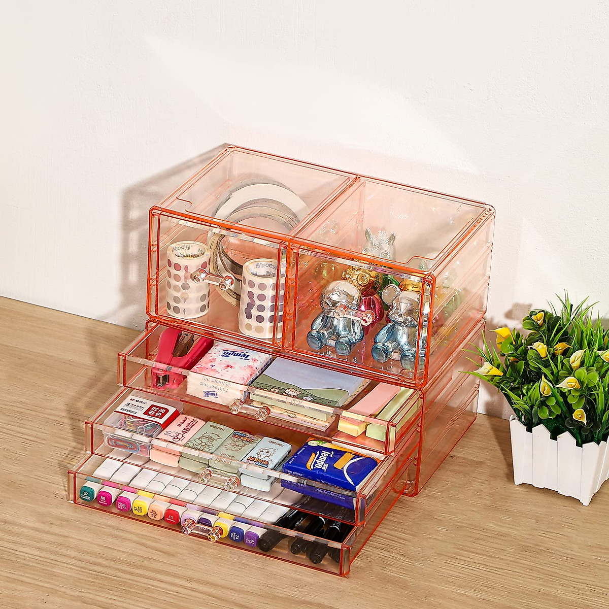 Cq acrylic Hair Accessory Organizer with 3 Long Drawers,Stacking Makeup Organizer and Desk Pink Drawer Containers,Stackable Cabinet Storage Bins For Palettes,Cosmetic,And Beauty For Vanity,Pack Of 1