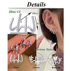 Tornito 4 Pairs Claw Ear Cuffs Zircon Pierced Needle Stud Earrings Minimalist Ear Wrap Butterfly Pearl Piercing Claw Earrings for Women Silver Tone