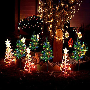 Windpnn Upgraded 4-Pack Solar Christmas Garden Stake Lights, Decorative Xmas Tree Solar Christmas Yard Stake Outdoor Waterproof Christmas Pathway Lights for Christmas Decoration Garden Patio Yard