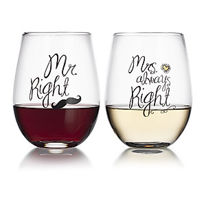 Personalized Gift Set Of Two 19 Oz. Mr Right & Mrs Always Right Stemless Red Or White Wine Glass - Unique Novelty - Gag Gift- Great For Wedding, Couples, Anniversary & Housewarming Gift