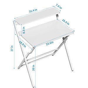 Vipass 2-Tier Folding Home Office Desk,Not Require Assembly,Space Saving Portable Laptop Study Foldable Table for Small Spaces,White