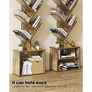 SUNMORY 6 Tier Tree Bookshelf, Small Bookcase with Storage Cabinet, Modern Tall Narrow Bookshelves Organizer, Floor Standing Book Shelf for Bedroom/Living Room/Home Office/Corner, Rustic Brown