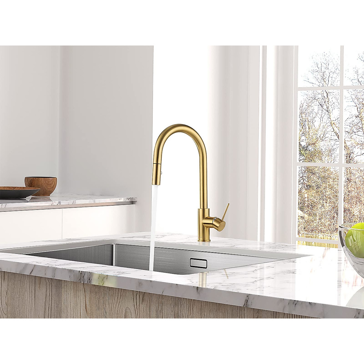 AguaStella AS60BG Brushed Gold Pull Down Kitchen Faucet and AS09BG Brushed Gold Stainless Steel Water Filter Faucet for Most Reverse Osmosis Units or Water Filtration System in Non-Air Gap Combination