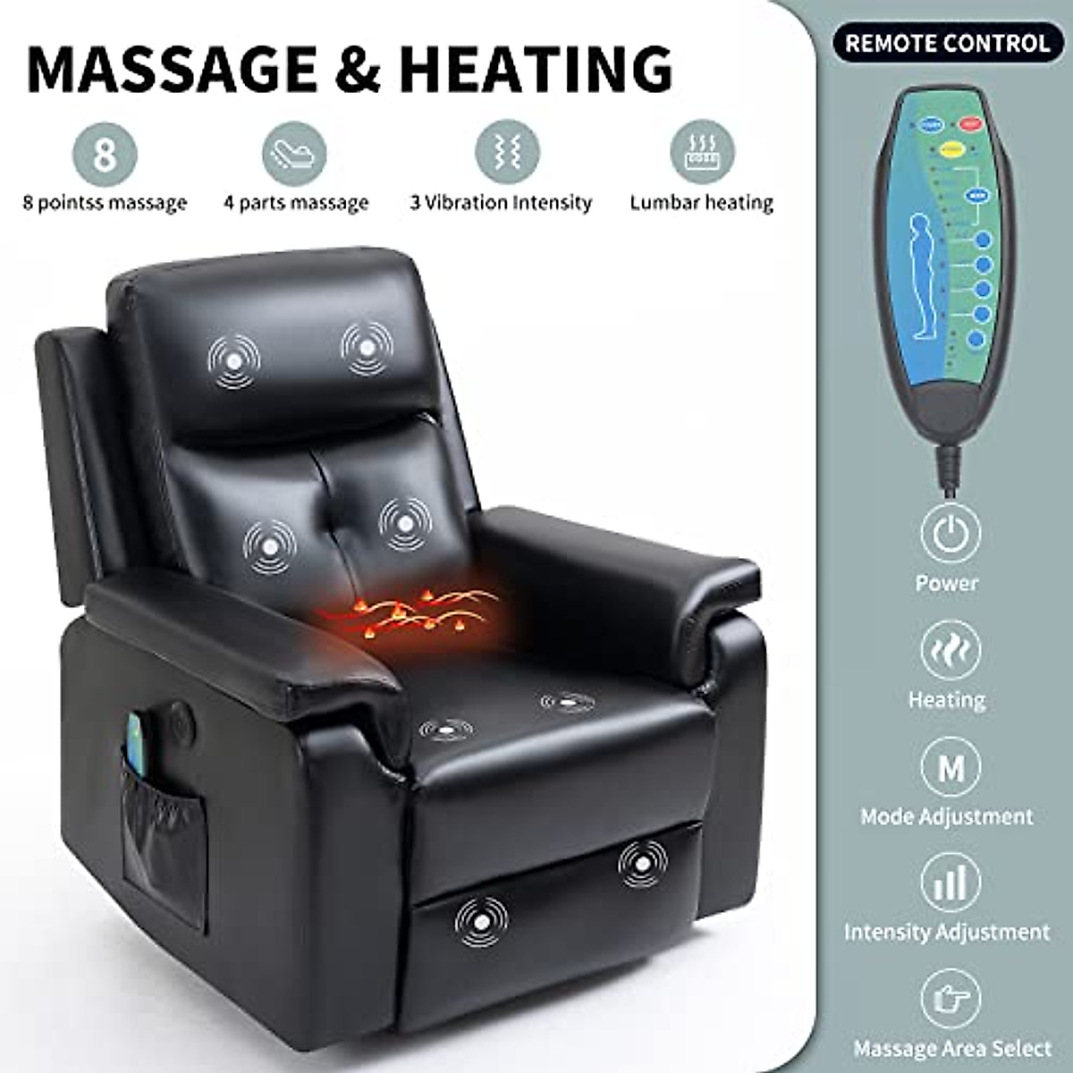 AVAWING Power Lift Recliner Chair for Elderly, Leather Electric Massage Recliner Chair w/Heat, Side Pocket, Remote Control, USB Charge Port for Bedroom, Living Room, Dark Black…
