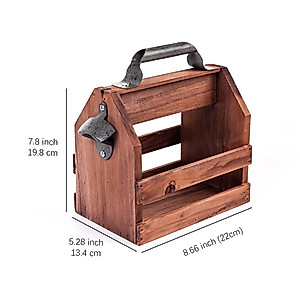 Mealivos Wooden Bottle Caddy, 6-Pack Beer Carrier with Built-In Metal Bottle Opener, Beer Buckets for 6 Beers