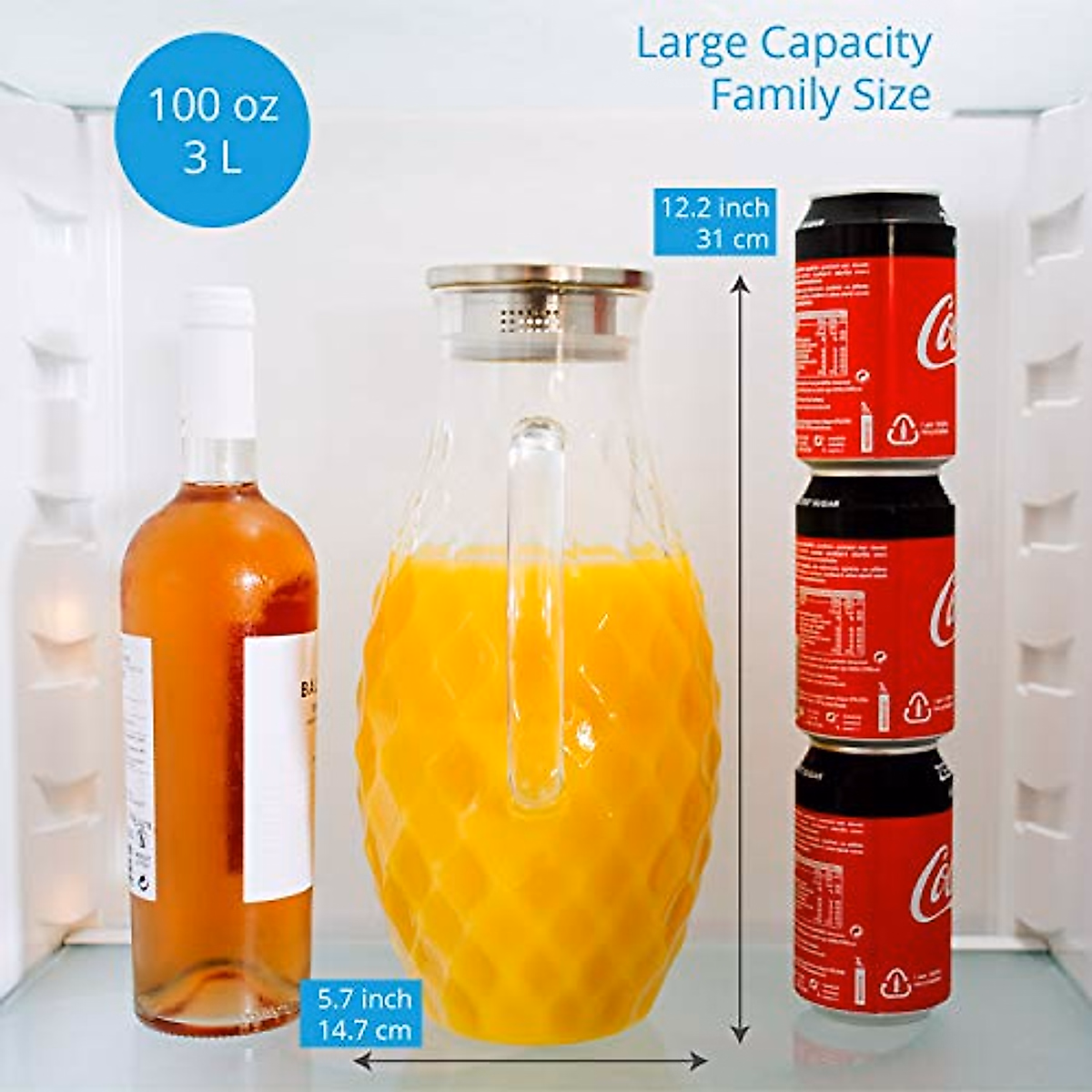 Large Glass Pitcher with Lid and Spout - 100 Ounces Big Cold and Hot Water Carafe with Unique Glass Diamond Pattern, Beverage and Water Pitcher for Homemade Iced Tea and Juice.