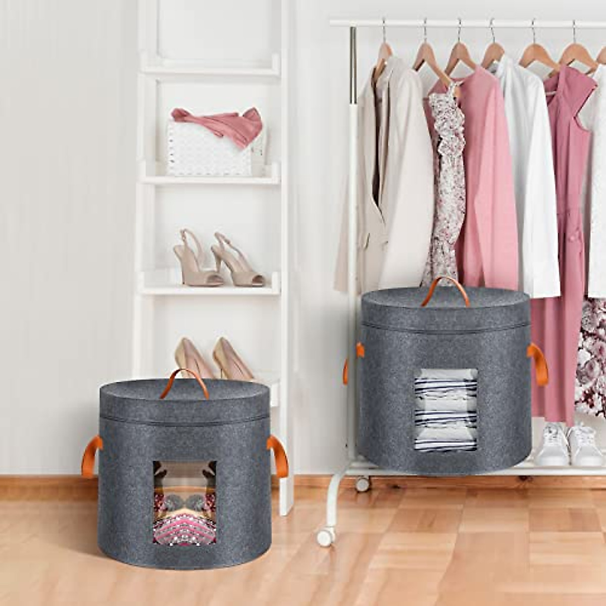 2 Pcs Hat Storage Box 17 x 10.3 Inches Stackable Round Brim Hats Case Foldable Clothes Storage Container Cowboy Hat Stuffed Animal Toy Organizer with Lid,shoulder Strap and Clear Window (2 Pieces)