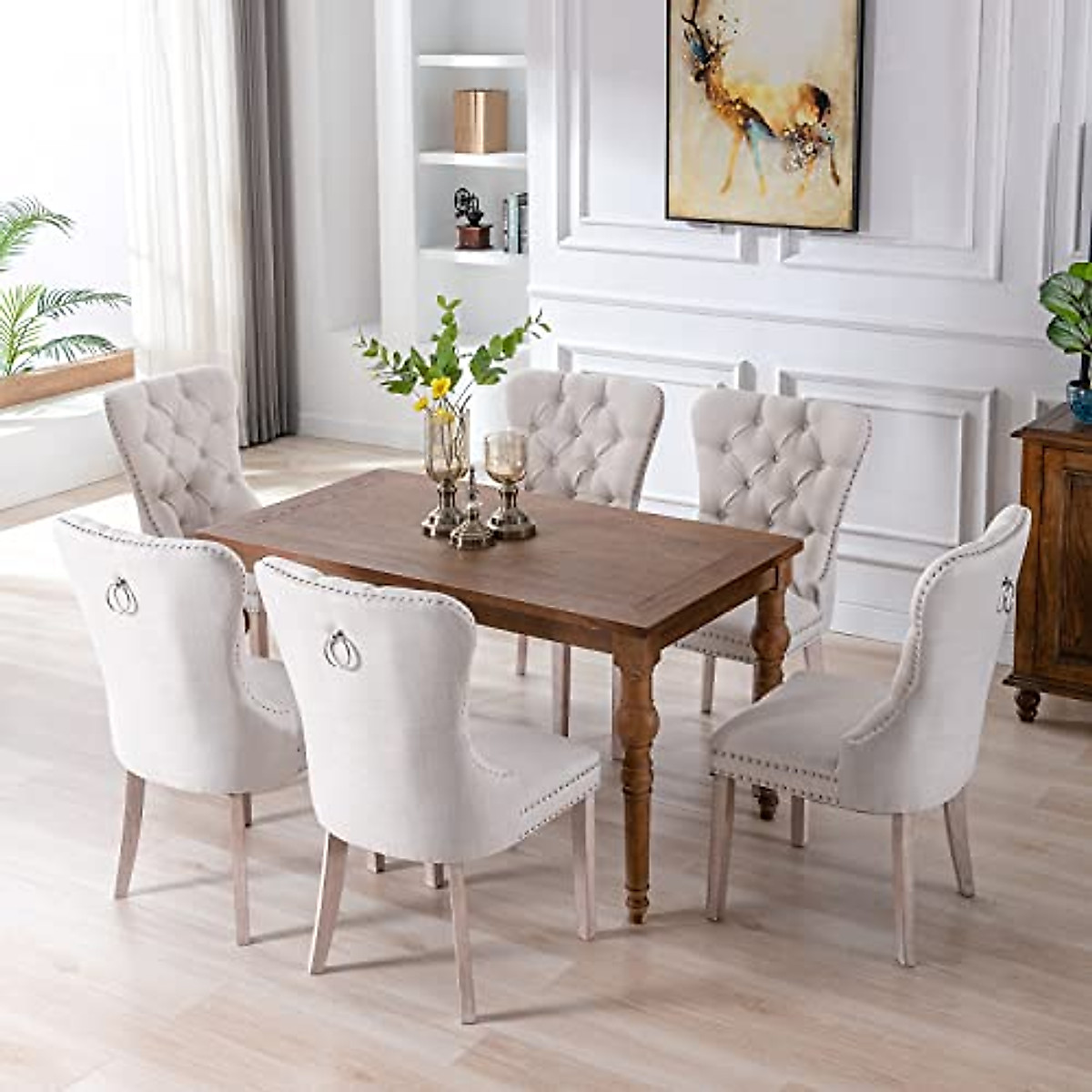 chairus Dining Chairs Set of 2 with Tufted High Back Retro Linen Fabric Upholstered Dining Room Chairs Side Chairs Rustic White Wood Legs Nailhead Trim Ring Pull- Beige 2PCS