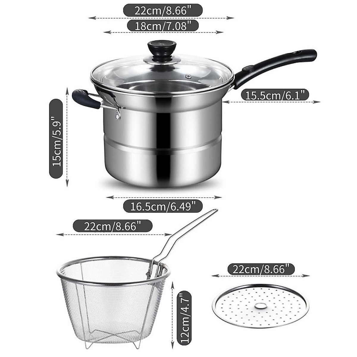 Stainless Steel Pot with Deep Fry Basket, Steamer Pot, Multipurpose Pasta Pot with Steamer Rack, Strainer Glass Lid, 3.5Quart Sauce Pan with Stay-cool Handle for Cooking Gravies, Vegetable Steamer