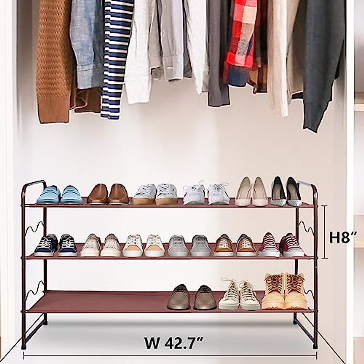 ZXNABA 3-Tier Shoe Rack Stackable Long Shoe Shelf Storage Organizer for Closet, Entryway 18-Pair / 24-Pair (Golden-Brown)
