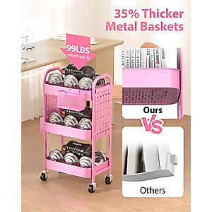 ALVOROG 3-Tier Rolling Utility Cart Movable Storage Organizer Shelves with Wheels and Hanging Cups Multifunctional Service Cart for Kitchen, Office, Coffee Bar-Black