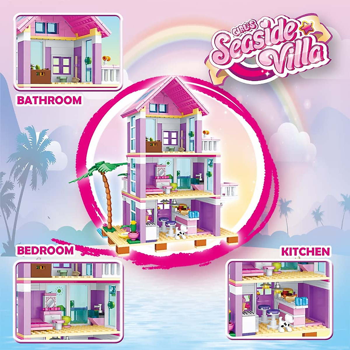 PUSITI Girls Building Blocks House Toys 573 Pieces Seaside Villa Friends Cottage Building Set Beach Villa Educational toys Girls Holiday Cottage Construction Bricks Toys