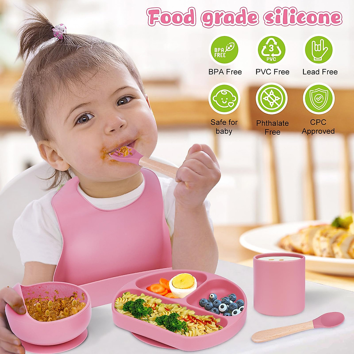 Silicone Baby Feeding Set|6 pcs Premium BPA-Free Baby Led Weaning Supplies with Suction Plates and Bowls Set,toddler self feeding Utensils with Spoons,Bibs,Cups|Baby feeding essentials for 6+ Months