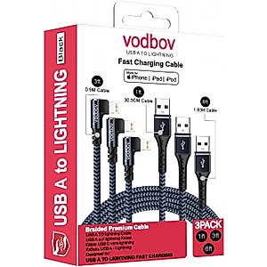 VODBOV iPhone Charger Lightning Cord 3Pack 1FT 3FT 6FT Right Angle MFi Certified Cable Braided USB Charging Wire High Speed Black