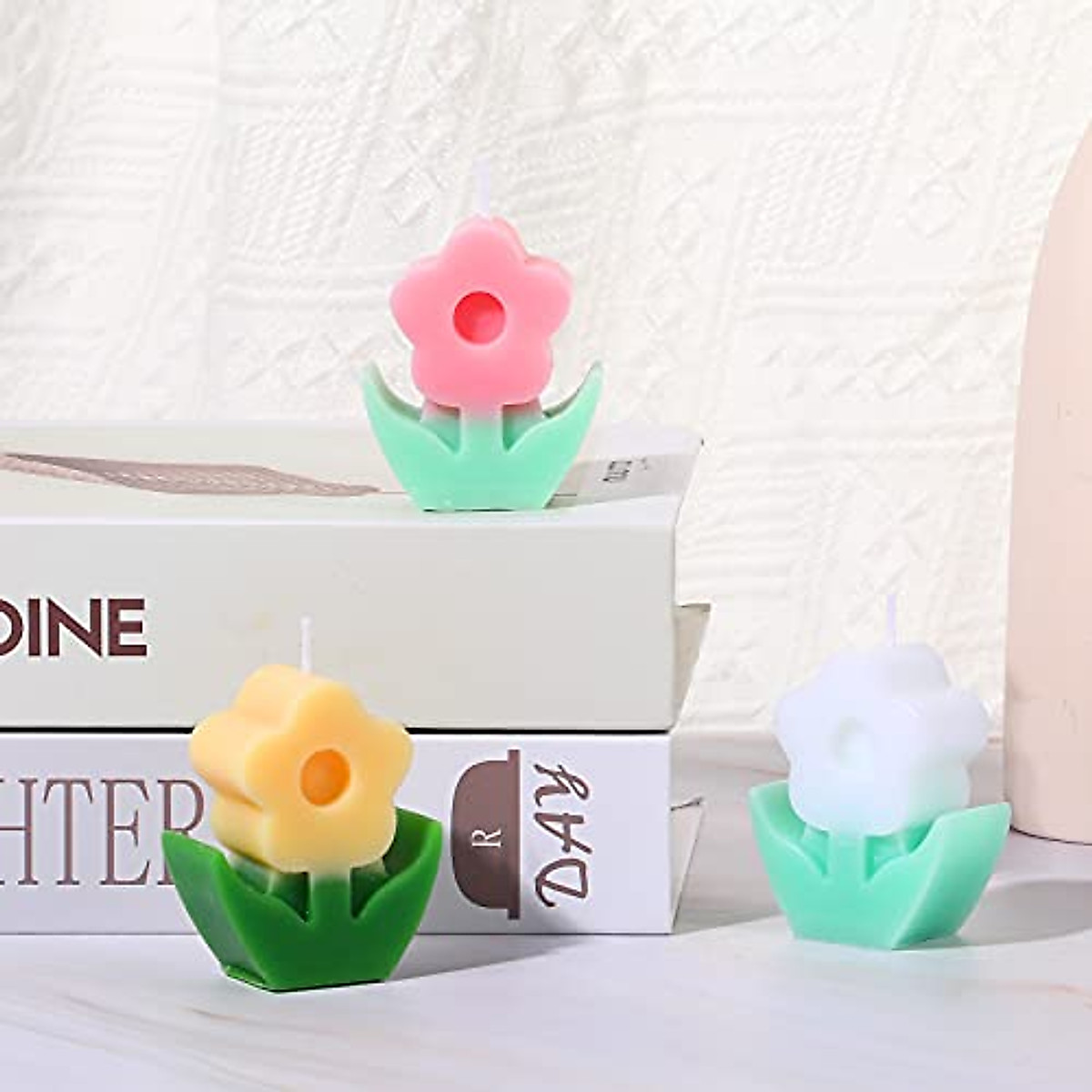 3 Pcs Flower Shaped, Aesthetic, Cool, Cute, Danish Pastel Room Decor Paraffin Soy Funky Scented Candle Bridal Showers for Gift Wedding Party Favors (Pink, White, Yellow)