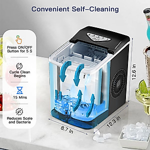 rosmena Countertop Ice Maker, 30lbs/24H Small Ice Machine with Self-Cleaning, Portabe Bullet Ice Maker, 9 Cubes in 6 Mins, 2 Size Option, with Ice Basket/Scoop for Home/Kitchen/Bar/RV (Black)