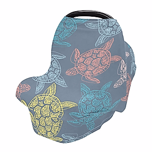 WELLDAY Baby Car Seat Covers Colorful Sea Turtles Stretchy Breastfeeding Scarf Breathable Infant Carseat Canopy Nursing Covers Multi Use for Stroller High Chair Shopping Cart Boys and Girls