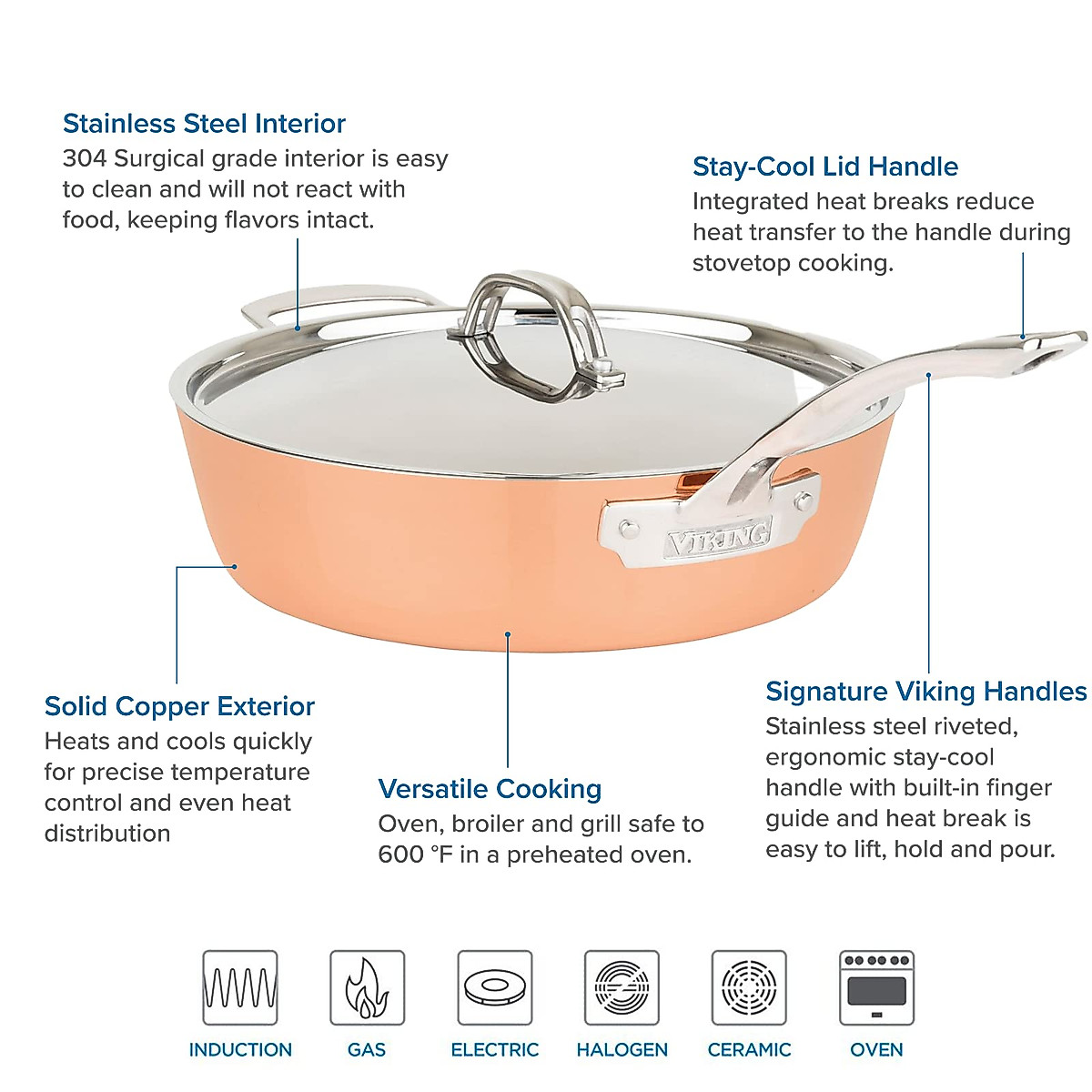 Viking Culinary Contemporary 4-Ply Copper Clad Cookware Set with Metal Lids, 9 Piece, Oven Safe, Works on All Cooktops including Induction