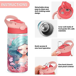 Nander Mermaid Insulated Water Bottle with Straw Lid for Kids, Vacuum Stainless Steel Metal Water Bottles for Toddlers, Leak Proof BPA-Free Water Flask Tumbler